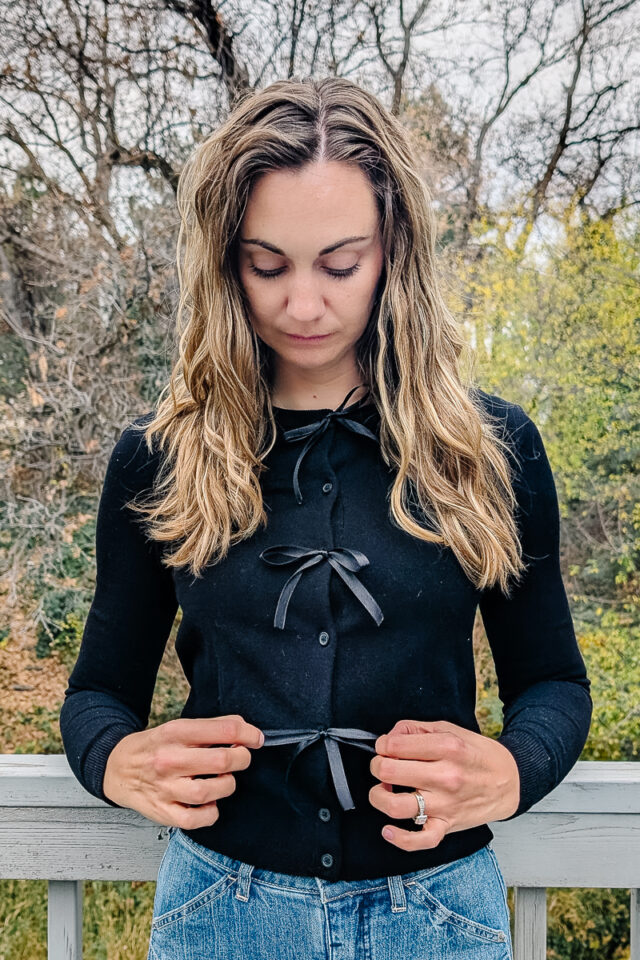 Easy DIY Bow Front Cardigan with Ribbon • Heather Handmade